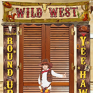 Cowboy Party Decorations Cowboy Banner Western Scene Setters for Cowboy Decorations Party Wooden House Barn Banner Western Party Supplies Wild West Backdrop Background 15.7 x 72 Inch