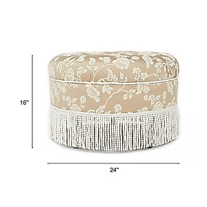 Jennifer Taylor Home Yolanda Collection Traditional Modern Cotton Blend Hand Tufted With Cord and Fringe Round Ottoman, Neutral 24" x 14"