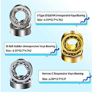 MAGICYOYO Complete Yoyo Bearing Pack, 10 Ball Golden Unresponsive Yoyo Bearing + Size C 8 Ball Yoyo Bearing + Narrow C Responsive Yoyo Bearing + Bearing Removal Tool + 6 Yoyo Strings + 6 Yoyo Axles