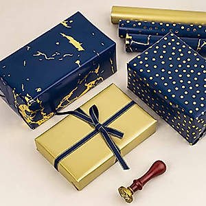 MAYPLUSS Wrapping Paper Roll - Mini Roll - 17" X 120" Per roll - Navy Gold Design (42.3 sq.ft.ttl)