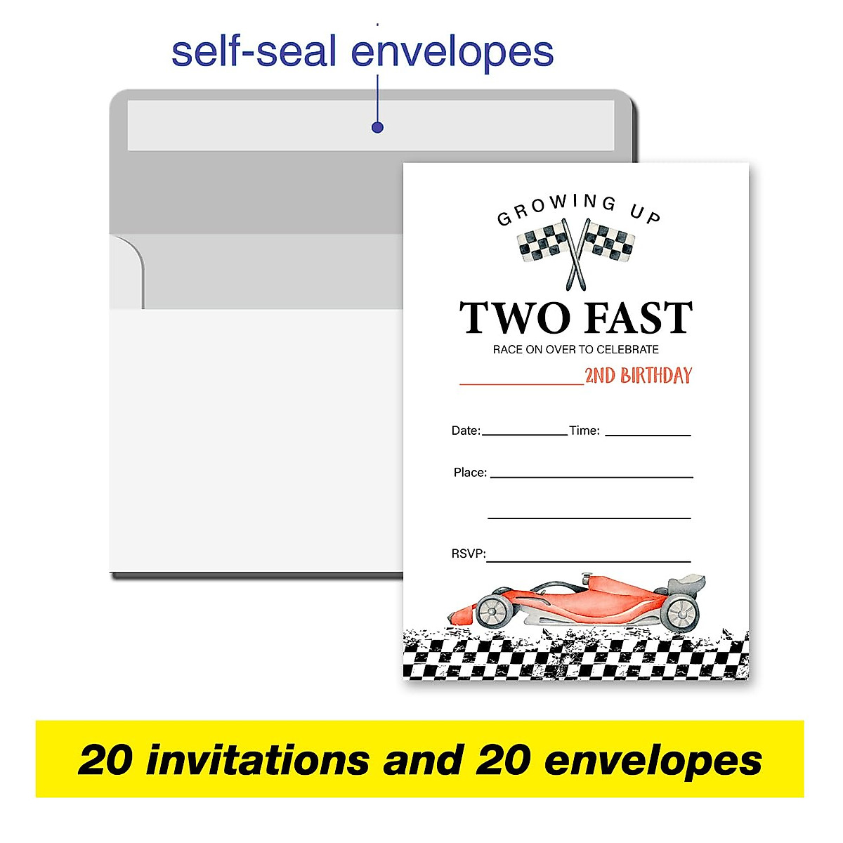 VAHATAN Car Racing Second Birthday Party Invitations 20 Pack Car Racing 2nd Birthday Party Invitations with Envelopes Invites Cards