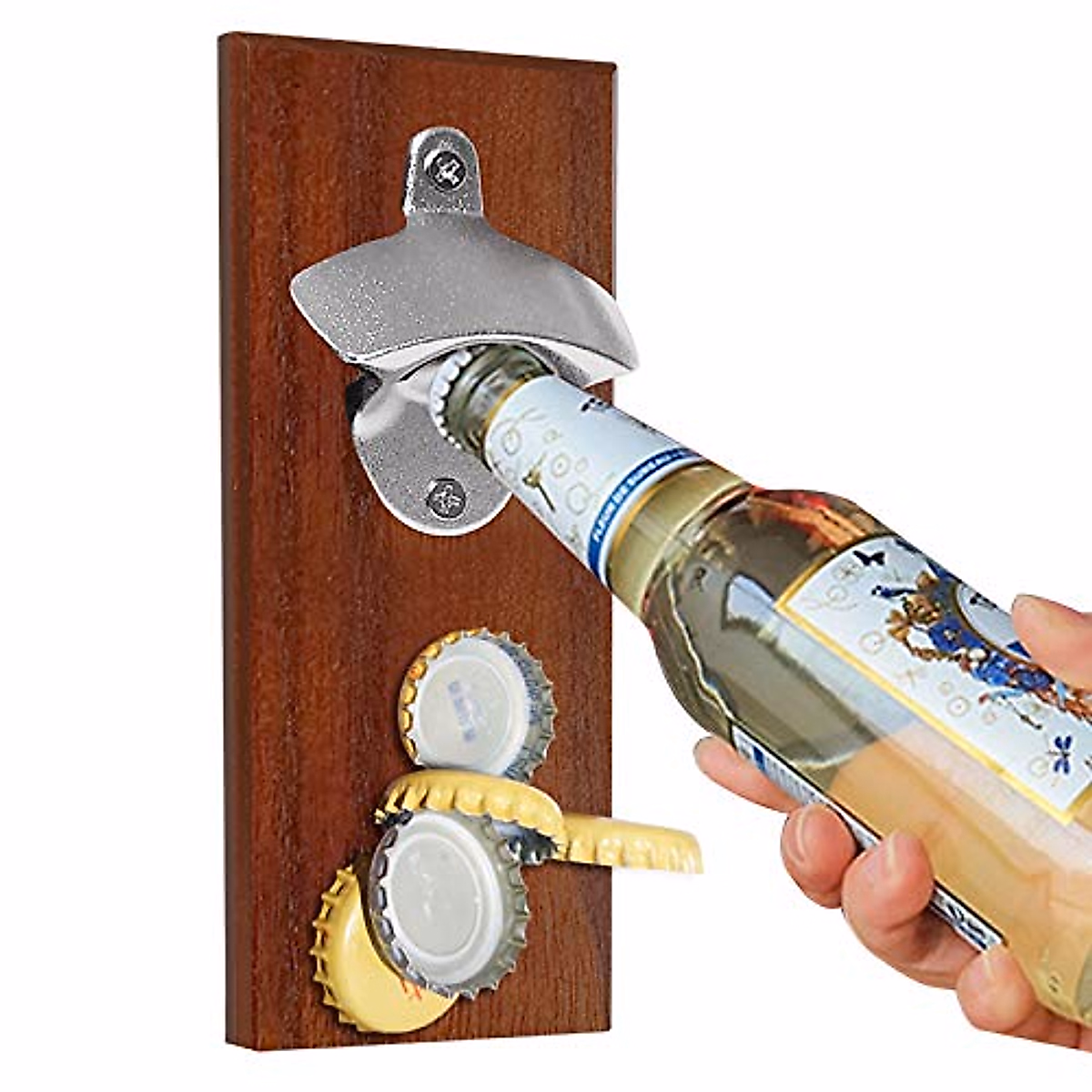 Beer Bottle Opener With Strong Magnet, Used on Refrigerator or Metal Surface, Convenient for One-handed Operation, Open Bottles, Collect Bottle Caps, Brown, 7.87*3.14*0.15