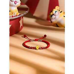 ZHOU LIU FU 24K Solid Gold Bracelet, Real Pure Gold Jewelry Charm Red Braided Bracelets Dainty Lucky Chinese Zodiac Tiger Ruyi Ingot Chain for Women Men Girlfriend