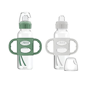 Dr. Brown's Milestones Narrow Sippy Spout Bottle with 100% Silicone Handles, Easy-Grip Handles with Soft Sippy Spout, 8oz/250mL, Green & Gray, 2-Pack, 6m+