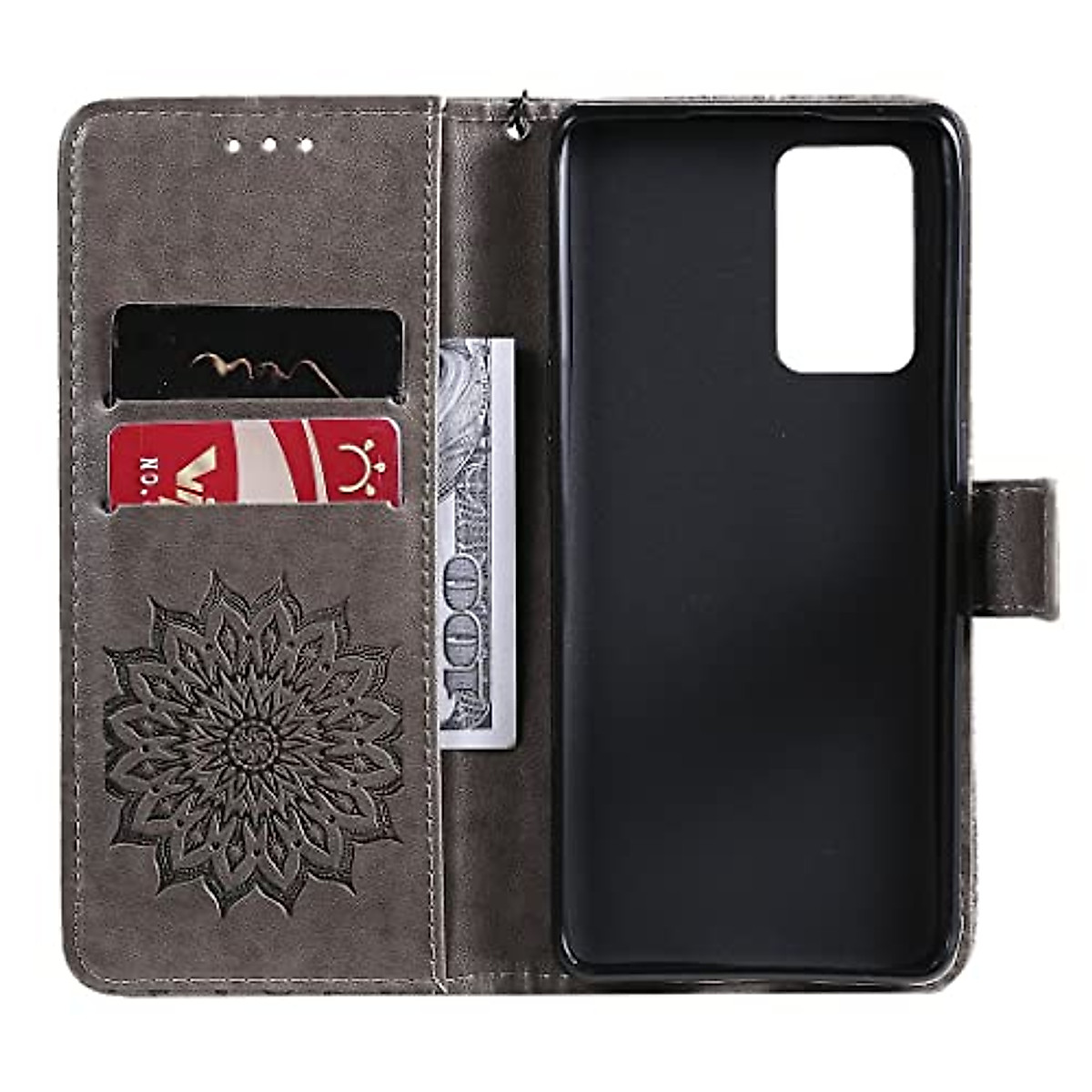 SATURCASE Case for Oppo Reno 6 Pro 5G, Sun Flower Embossing PU Leather Flip Magnet Wallet Stand Card Slots Protective Cover with Hand Strap for Oppo Reno 6 Pro 5G (Gray)