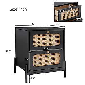 Yiwa Modern End Table with 2 Drawers, Table Side, Rattan Wood Nightstand for Bedroom Living Room Black