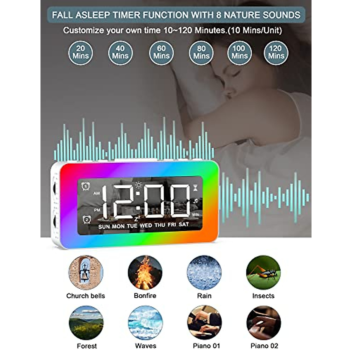 Umedo Alarm Clock for Bedrooms Dual Alarm Clocks 8 RGB Night Lights, 3 Mode Mirror Clock, USB Port, 8 White Noise, 7 Wake-Up Sounds, 16 Level Volume, 0%-100% Dimmable, Bedside Clock for Kids & Adult