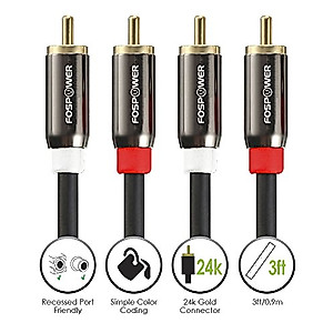 FosPower (3 Feet 2 RCA M/M Stereo Audio Cable [24K Gold Plated | Copper Core] 2RCA Male to 2RCA Male [Left/Right] Premium Sound Quality Plug