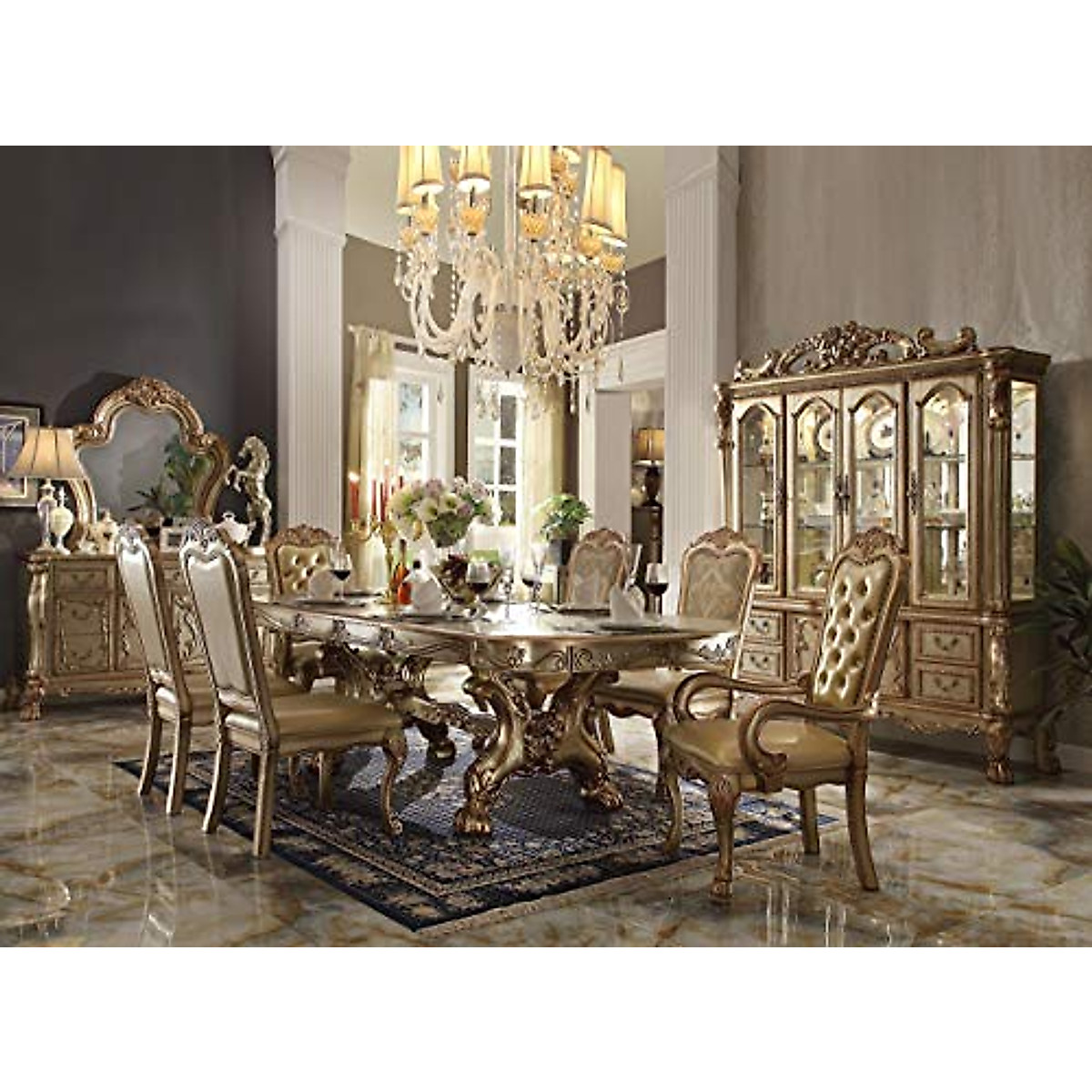 ACME Dresden Dining Table with Trestle Pedestal - - Gold Patina & Bone