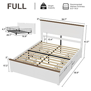 LUXOAK Farmhouse Full Size Bed Frame with Headboard and 4 Storage Drawers, Wooden Barn Door Platform Bed with Wood Slats, Heavy Duty Mattress Foundation, Non-Slip & Noise-Free, Antique White