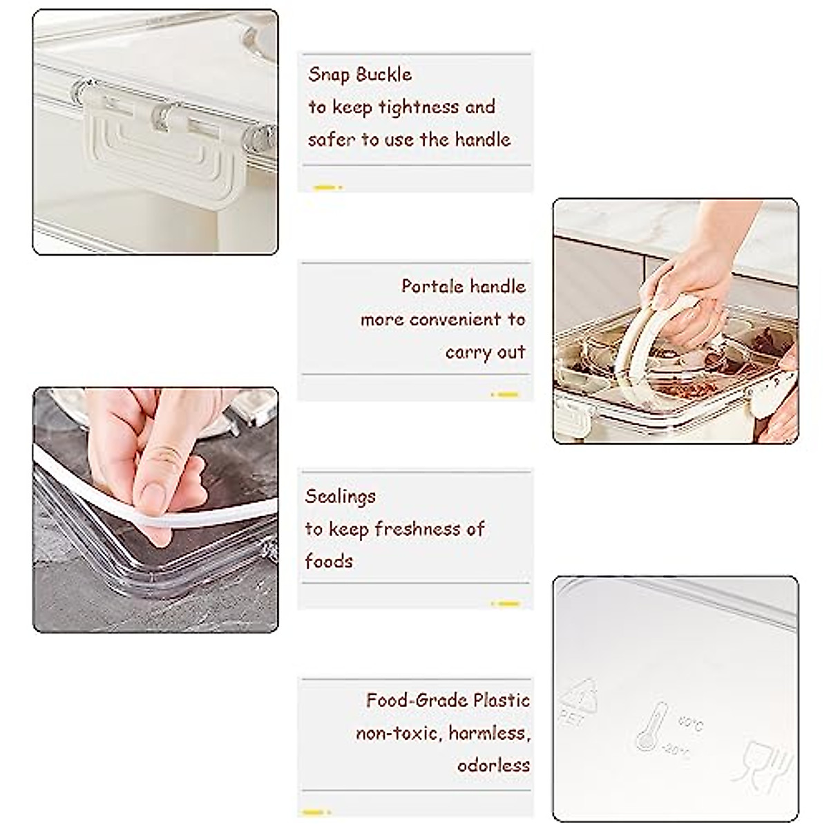 amokk Divided Serving Tray with Lid and Handle Snackle Box Charcuterie Container Portable Snack Platters Clear Organizer for Candy, Fruits, Nuts, Snacks, for Party, Entertaining, Picnic (Rectangular)