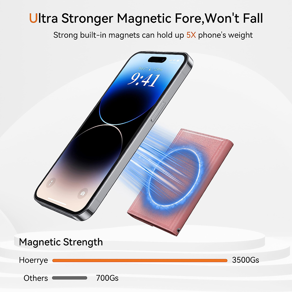 Hoerrye Magnetic Phone Wallet,3 Card Holder Hold Up to 7 Cards [Safe Rope] [Cash Clip] [RFID Blocking Protection] Magsafe Leather Wallet for iPhone 12/13/14 Series, Pink