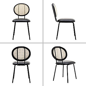 Jaxsen Faux Leather Indoor Kitchen Dining Chairs Set of 4 with Rattan Backrest, Modern Industrial Upholstered Chairs mid Century Metal Dining Chair Suitable for Dining Room Wine Coffee Bar, Black,18"