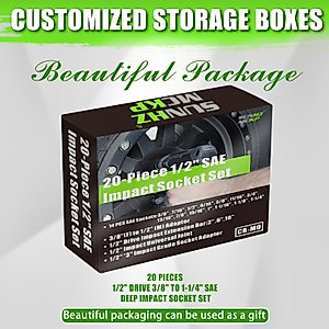 SUNHZ MCKP 20 PCS 1/2" Impact Socket Set, Drive Deep 6 Point Socket Set, Including Standard SAE Sockets (3/8" to 1-1/4"), 3 ", 6", 10" Impact Extension Bar and Drill Socket Adapter, Cr-MO