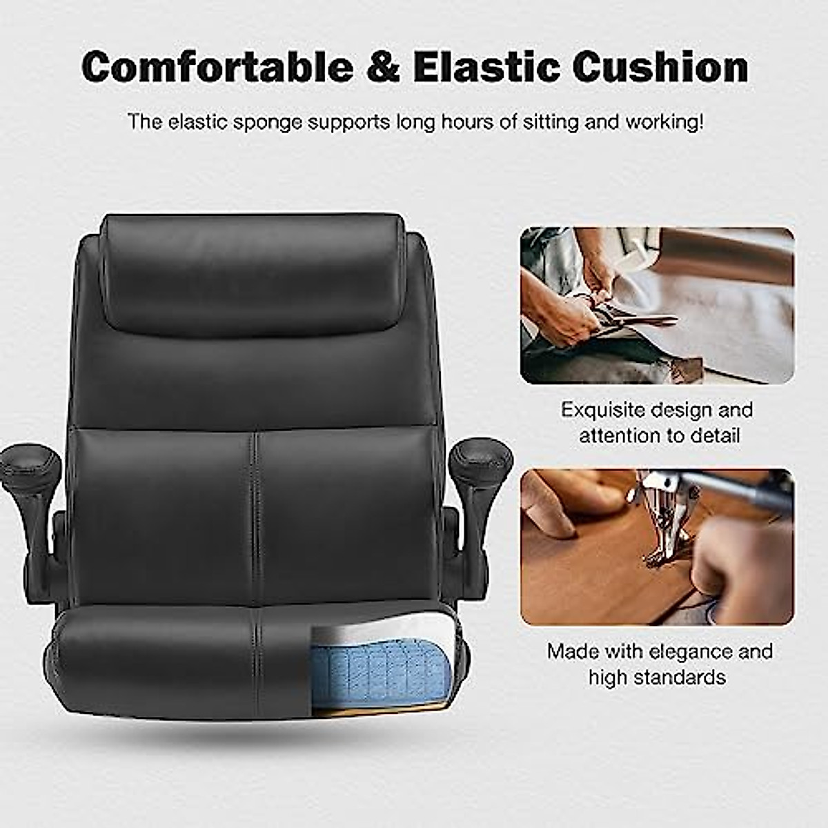OLIXIS Home Office Desk Chair with Flip-up Armrest and Ergonomic PU Leather Mid Back Lumbar Support 360° Swivel Wheels for Adult, Black