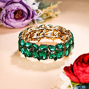 EVER FAITH Women's Costume Jewelry Crystal 2 Layer Teardrop Stretch Bracelet for Prom Party Green Antique Gold-Tone