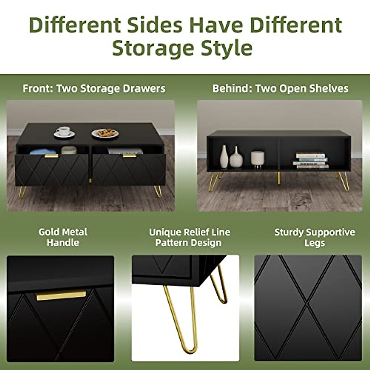 Scurrty 39.4'' Coffee Table with Large Drawers & 2 Open Storage Shelves, Black Modern Coffee Tables with Gold Metal Handles for Living Room, Bedroom and Study (Black)