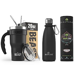 Beast 20 oz Tumbler Stainless Steel Vacuum Insulated Coffee Cup with handle plus 12 oz Stainless Steel Water Bottle (Matte Black)