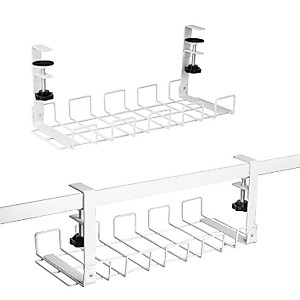 Under Desk Cable Management Tray, 40cm Upgraded No Holes to Drill Under Desk Cord Fodable Clamp Organizer for Wire Management Metal Holder for Home, Office and Kitchen (1 Pack, White)