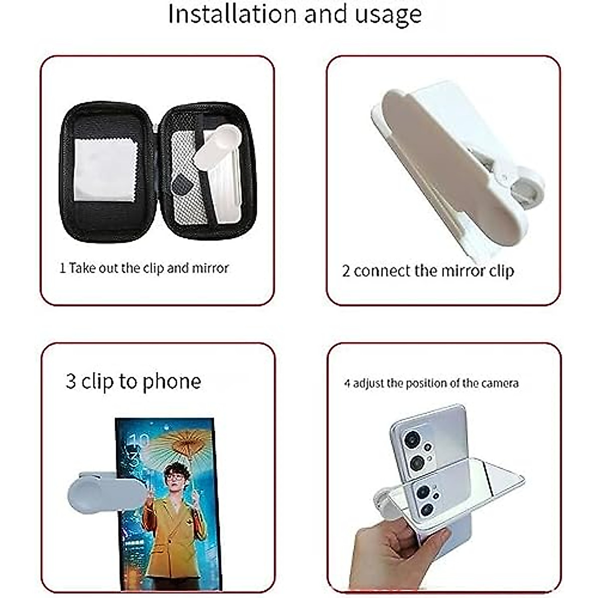 Smartphone Camera Mirror Reflection Clip Kit Adjustable Enhance Phone Camera Shots with Selfie Reflector Travel-Friendly and Easy-to-Carry Phone Camera Mirror Clip （Black）