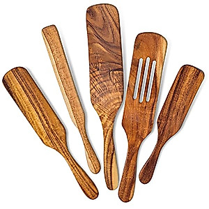 Wooden Spurtle Set Of 5 For Cooking, Acacia Wooden Utensils For Cooking, Wooden Spoons for Cooking, Non-Stick Tool Sets, Versatile Tools, As Seen On TV Bamboo Spatulas, Premium Utensil Spoons