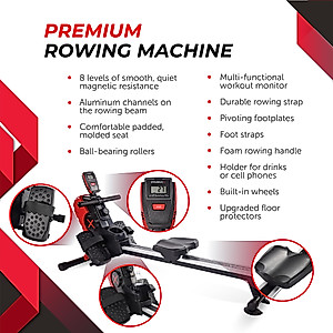 Stamina X Magnetic Rower 1102 - Rower Machine with Smart Workout App - Rowing Machine with Magnetic Resistance for Home Gym Fitness - Up to 250 lbs Weight Capacity - Black/Red