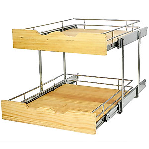 DINDON 2 Tier Pull Out Cabinet Organizer (20" W x 21" D) Slide Out Wood Shelf Double Tier Kitchen Wire Basket with Chrome Finish…