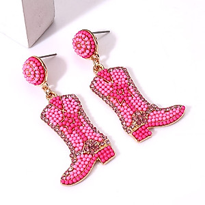 UYT Beaded Cowgirl Boot Earring Western Cowboy Boots Earrings for Women Boho Beads Shoes Dangle Drop Earrings Y2k Jewelry Party Gift (pink)