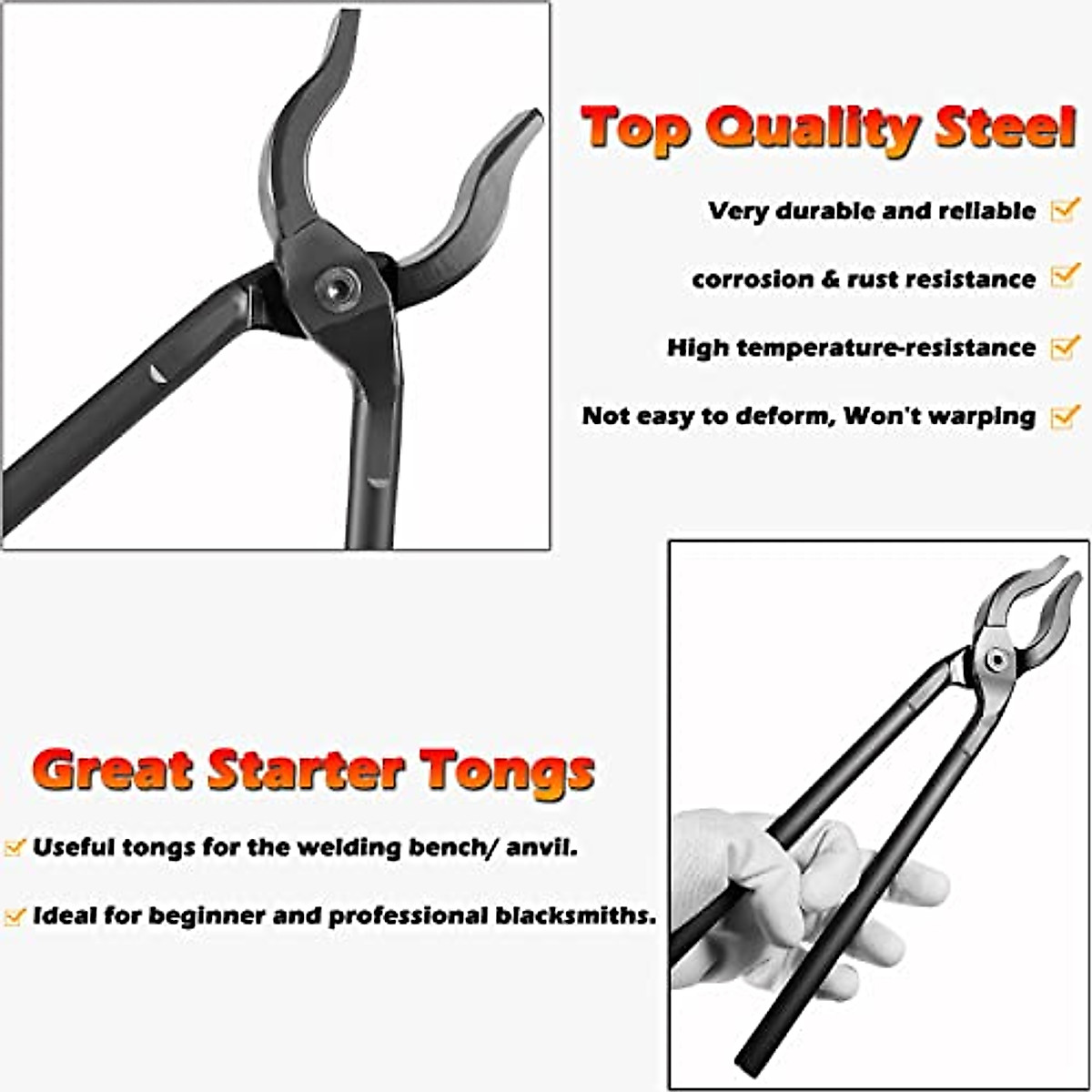 0004930-300 Blacksmiths' Tongs Perfect for Beginner or Professional Blacksmiths to Work on Welding Bench, Holding Hot Steel Firmly