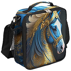 cfpolar Insulated Lunch Bag, Ethnic Animal Horse Lunch Box Wide Opened Tote Reusable Lunch Container Organizer Thermal Cooler Bag with Shoulder Strap for School Office Picnic Hiking Beach Fishing