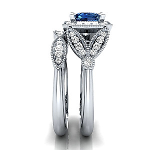 IDEALJEWEL95 1.35 ct Blue & White Sapphire Sterling Silver Bridal Ring Set Free Size For Women Engagement Ring/Wedding/Valentines