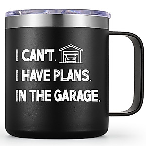 LiqCool Birthday Gifts for Men, I Can't I Have Plans in The Garage 12 Oz Insulated Coffee Mug, Mens Birthday Gift ideas, Christmas Birthday Father's Day Gifts for Men Husband Friends (Black)