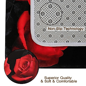 LIVILAN Black Bath Mat, Flower Bathroom Rugs, Red Bath Rugs, 24''X16'', Super Soft and Absorbent Shaggy Plush Red Rose Bath Rugs, Memory Foam Non-Slip.