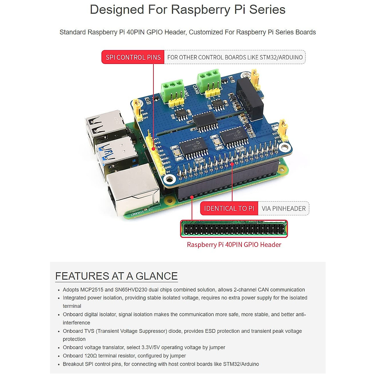 Waveshare Isolated CAN Expansion Board 2 Channel Compatible with Raspberry Pi 4B/3B+/3B etc. Series Boards