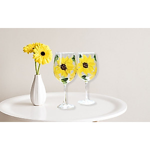 Hand Painted Sunflower Wine Glasses, 12 Ounce Stemmed Set of 2, Perfect Gift for Mom, Wine Lovers, Mothers Day, Birthday, Easter, and Christmas, Yellow and Green design, Artisian Brushes with a View