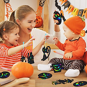 Blulu 48 Pieces Halloween Scratch Paper Rainbow Witch Pumpkin Scratch Crafts Kit Halloween Hanging Ornaments Art with Wooden Stick and Rope for Party Decoration DIY Supplies