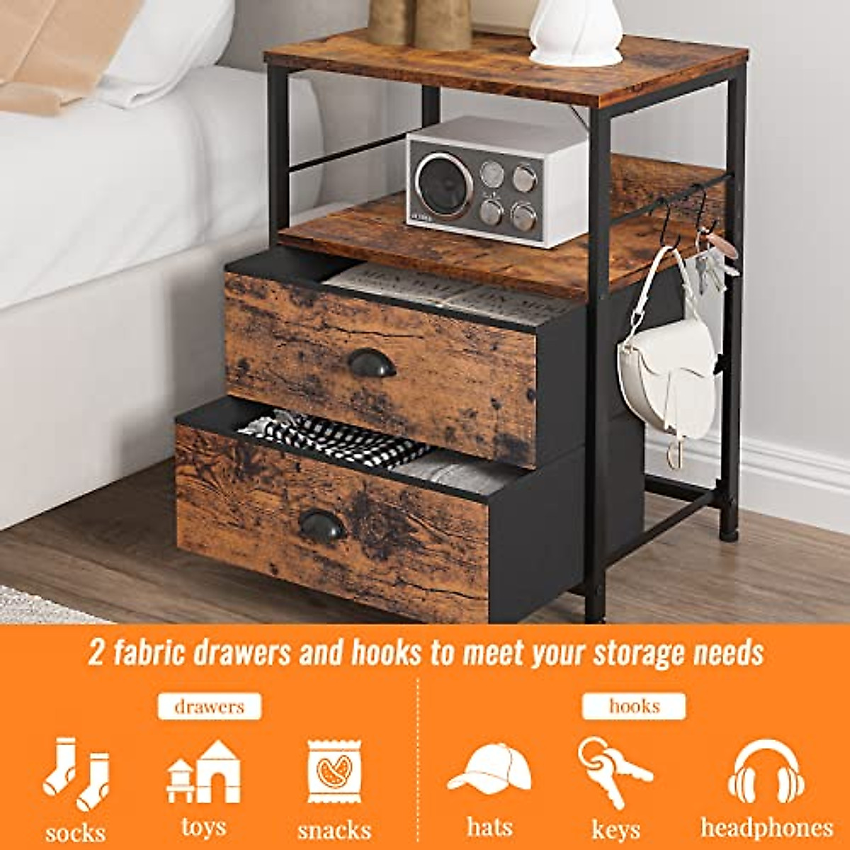Furologee Nightstand with 2 Fabric Drawers, Bedside Table, End Table with Open Wood Shelf, Side Sofa Table with 2 Hooks for Bedroom/Living Room/Study/Halway/Rustic Brown