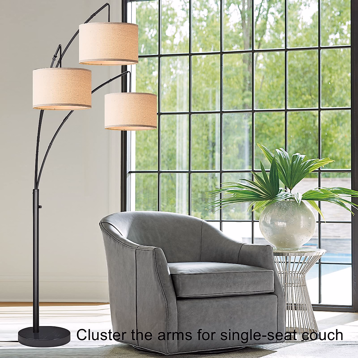 PARTPHONER Arc Floor Lamps for Living Room, Modern Black Floor Lamp Tall Standing Lamps, Multi-Arm Trilage Arched Floor Lamp for Bedroom Lounge Home Office, Light Beige Shades