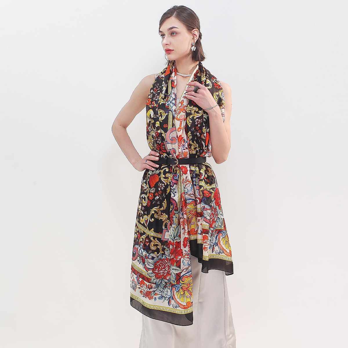 DANA XU 100% Mulberry Satin Silk Summer Travel Scarf Extra Large Women Floral Shawl Oversize Soft Wraps For Evening Dresses