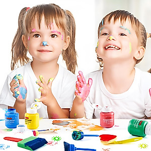 Washable Finger Paint Set, Shuttle Art 46 Pack Kids Paint Set with 14 Colors(60ml) Finger Paints, Brushes, Finger Paint Pad, Sponge, Palette, Smock, NonToxic for Toddlers Home Activity Early Education
