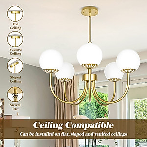 Yolsunes 5-Light Gold Chandelier, Globe Modern Sputnik Light Fixture with Frosted Glass, Vintage Semi-Flush Mount Ceiling Light for Dining Room, Large Pendant Lighting for Kitchen Living Room Bedroom