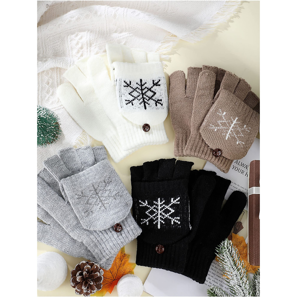 4 Pairs Women Knitted Winter Fingerless Gloves Thermal Convertible Knit Flip Wool Gloves Warm Half Finger Mittens for Women (White, Black, Gray, Khaki, Snowflake Style)