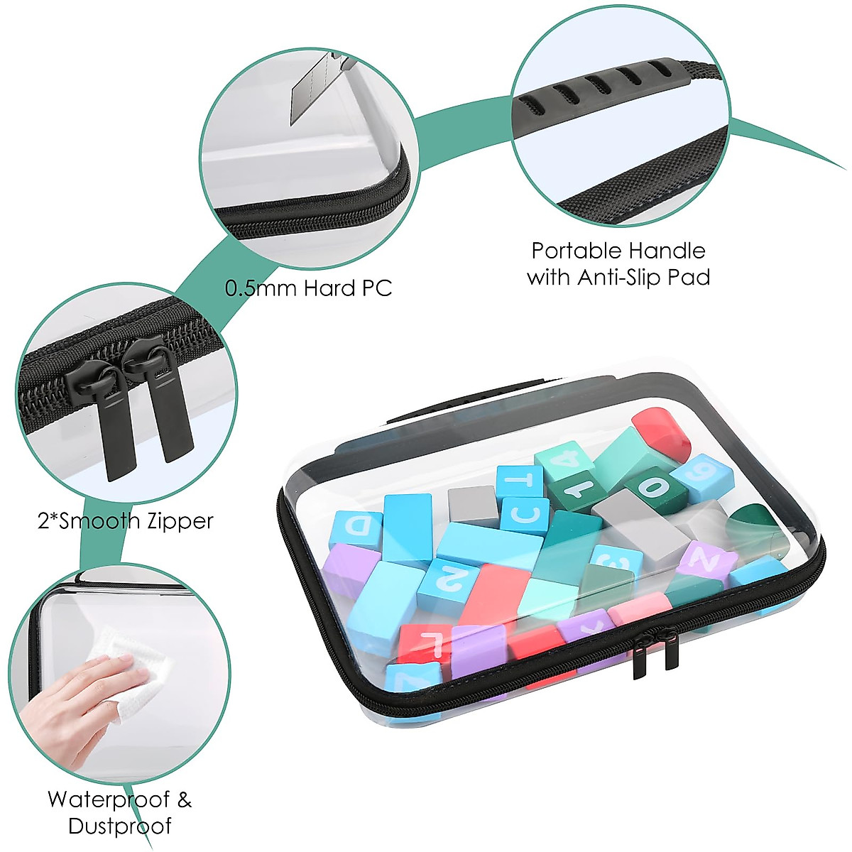 QAVABIN Clear Hard Zipper Pouch, Bliss Zippered Storage Bins, Waterproof PVC Shell Travelling Bags, Storage for Board Games, Building Blocks, Puzzles, Kids Books with Handle, Plastic Organizing, 2Pc