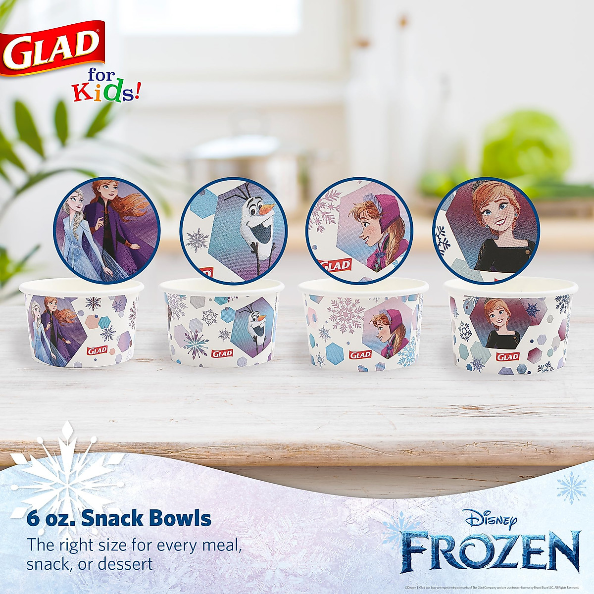 Glad for Kids Disney Frozen 6oz Paper Snack Bowls, Lids Not Included, 32 ct | Disney Anna and Elsa Paper Snack Bowls, Kids Snack Bowls| Kid-Friendly Paper Snack Cups for Everyday Use