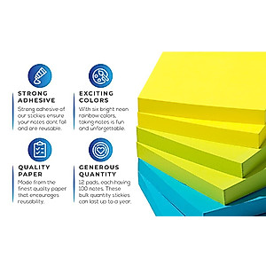 Sticky Notes 3x3 in (12 Pads) Bright Colored Super Self Sticky Pads - 100 Sheets / Pad - Easy to Post for School, Office Supplies, Desk Accessories