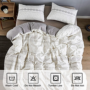 WARMDERN Grey Stripe Boho Duvet Cover Set Queen, 3pcs Ultra Soft Breathable Aztec Cotton Comforter Cover with Zipper Ties, 1 Bohemian White Duvet Cover & 2 Pillowcase(Queen,Grey)