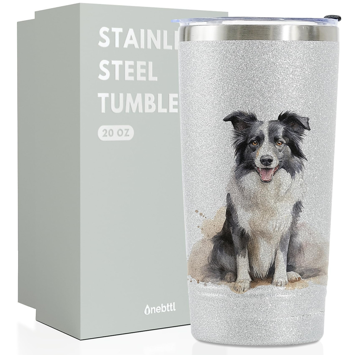 Onebttl Border Collie Gifts for Women/Men, Unique 20oz Border Collie Glitter Tumbler with Lid and Straw, Border Collie Gifts for Birthday, Christmas