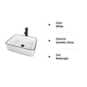 White Ceramic Bathroom Sink, 19" x 15" Above Counter Porcelain Vessel Sink with Black Faucet and Pop up drain Combo, Rectangle