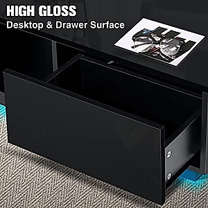 HOMMPA Small LED Coffee Tables for Living Room Black Coffee Table with LED Lights Modern Low Profile Center Table with High Gloss Table Top for Small Place 13" Tall