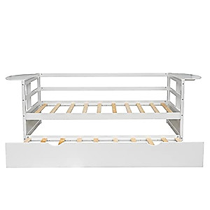 Harper & Bright Designs Daybed with Trundle and Side Foldable Table, Wood Twin Size Sofa Bed Frame with Wood Slat Support, Twin Bed Frame for Bedroom, Living Room (White)